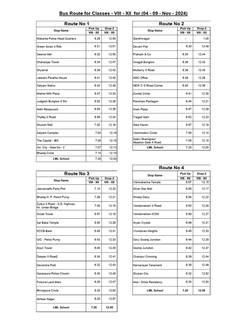 24 Bus Schedule for Classes VIII-XII | PDF