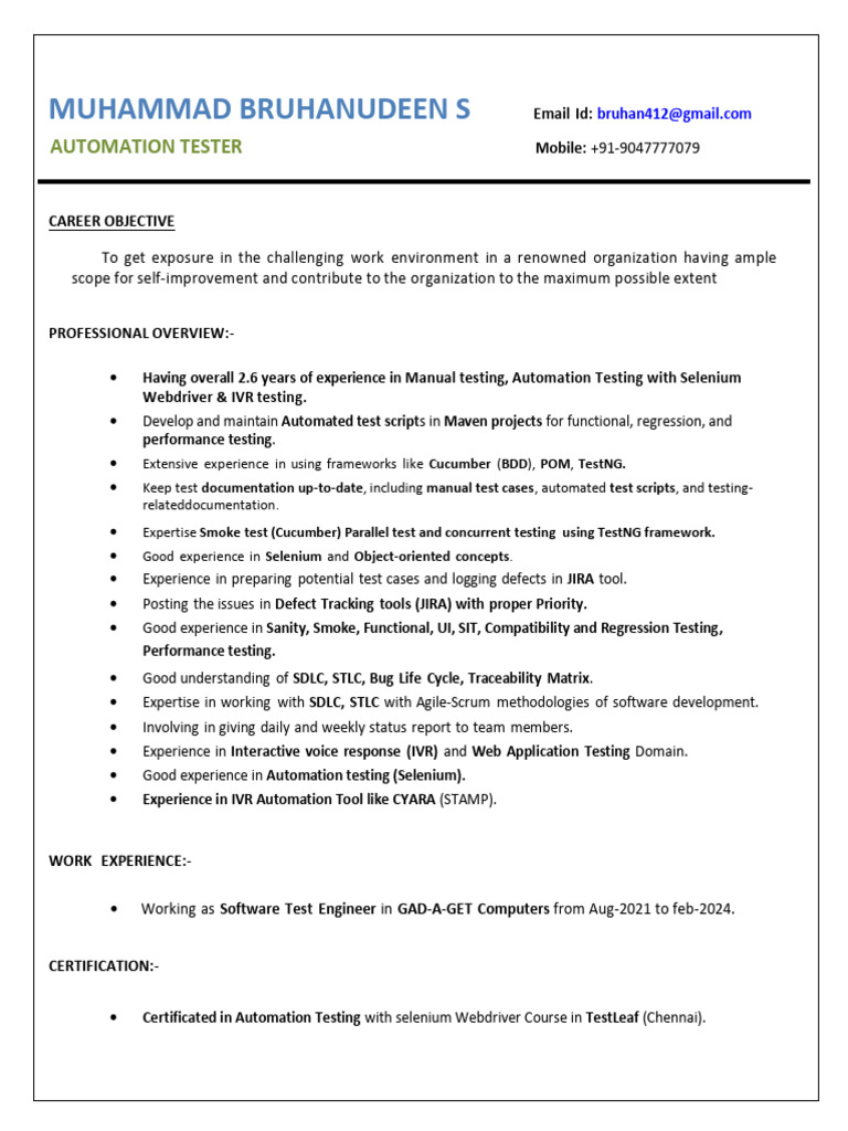 BRUHAN - Automation Tester | PDF | Software Testing | Selenium (Software)