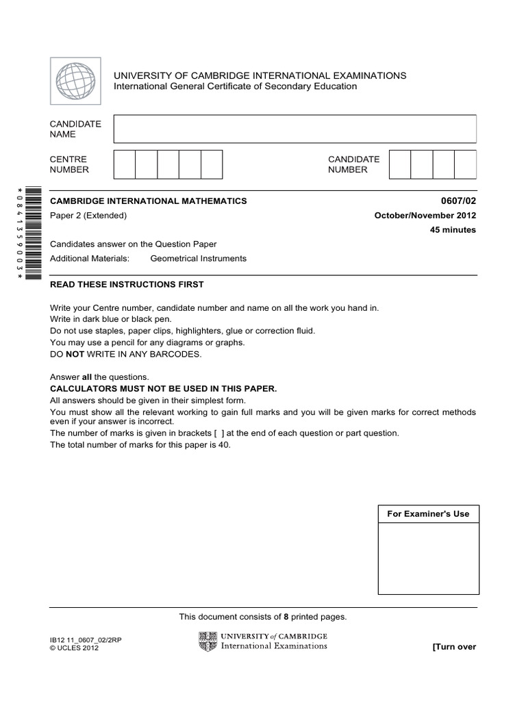 0607 Questions 2012 November Paper 2 | PDF | Area | Surface Area