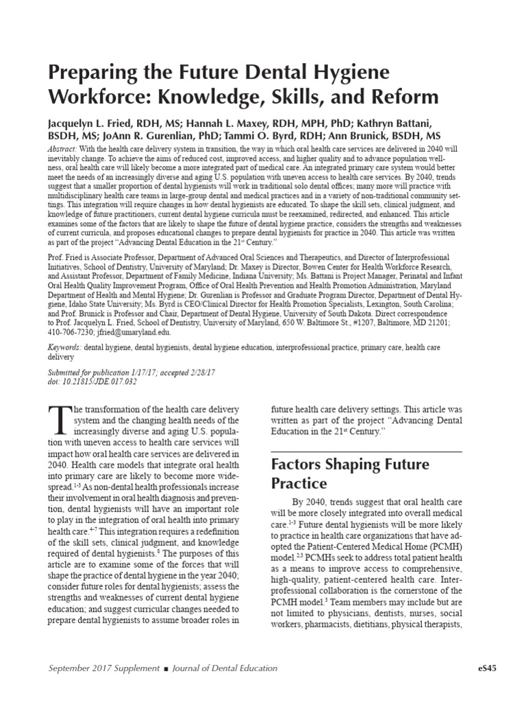 Preparing The Future Dental Hygiene Workforce Knowledge Skills and ...