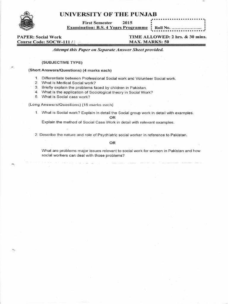 BS 4 Years Past Paper SOCW | PDF