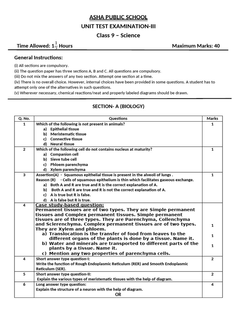 Science UT-III Paper 2023 Class IX | PDF | Tissue (Biology) | Epithelium