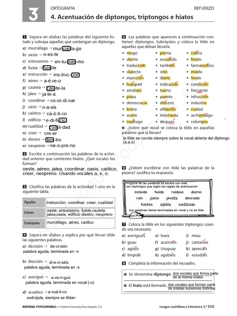 Ejercicios de Diptongos, Tiptongos e Hiatos | PDF | Lingüística | Voz ...