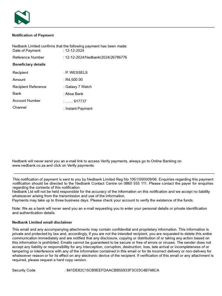 Nedbank Notification of Payment | PDF