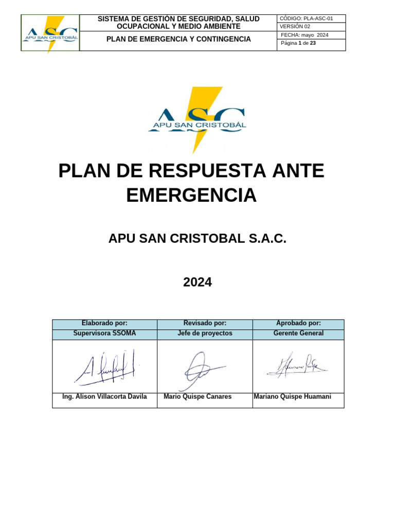 PLAN-ASC-001 PLAN DE RESPUESTA ANTE EMERGENCIA | PDF | Emergencia ...