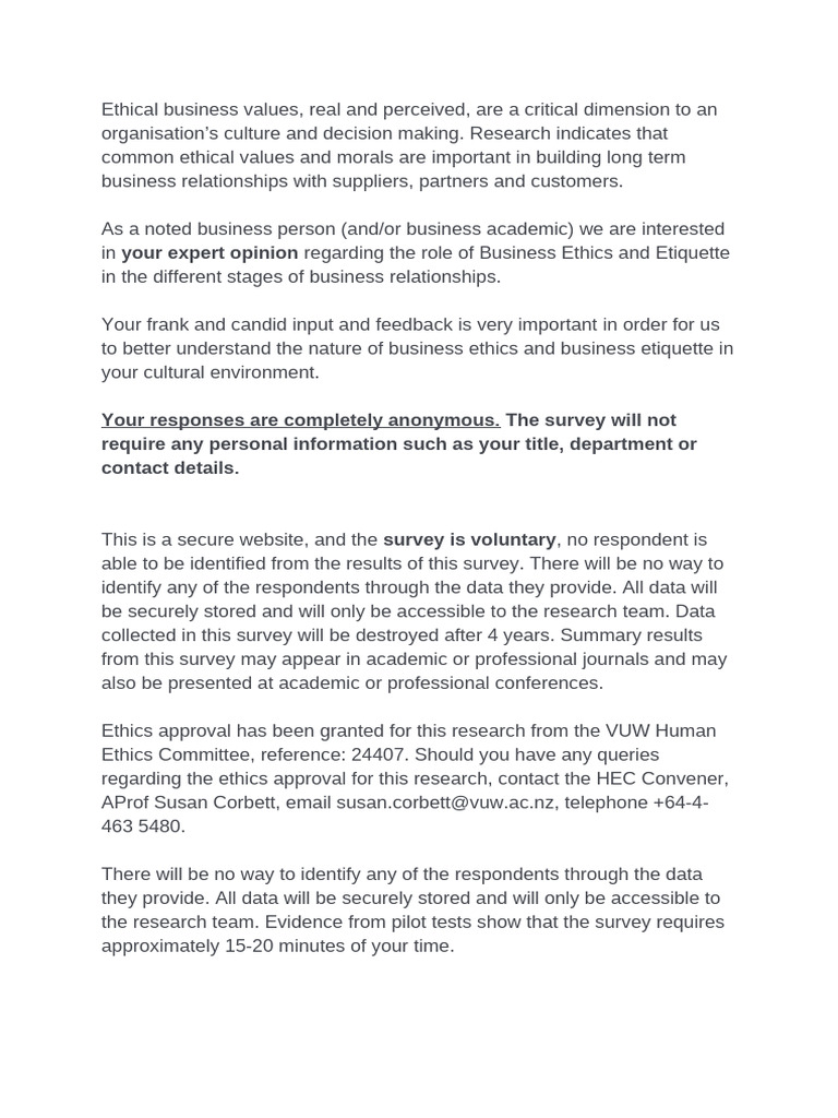 Questionnaire Ethical Business Values | PDF | Etiquette | Business Ethics