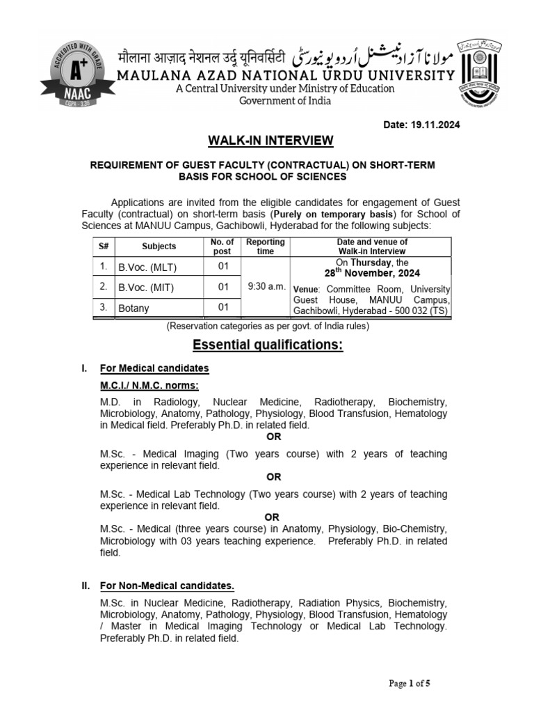 Walk in Interviews Notification School Sciences Nov 2419 | PDF | Doctor Of Philosophy | Thesis