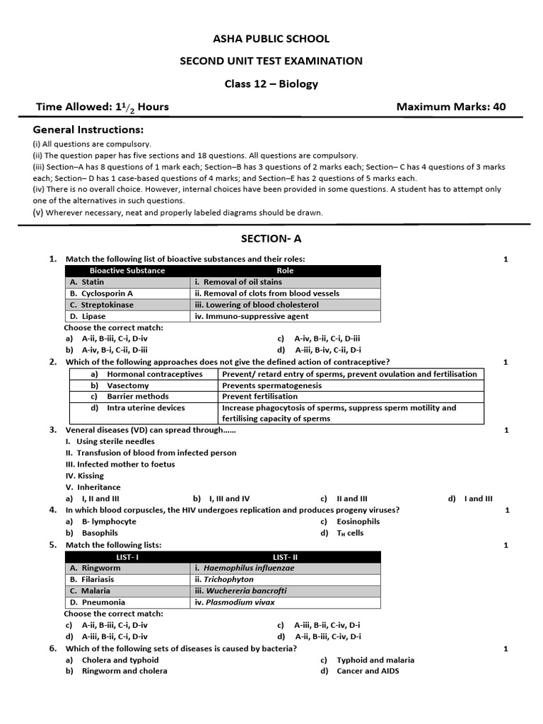 Biology UT-II Paper 2023 Class XII Final | PDF | Infection | Microbiology