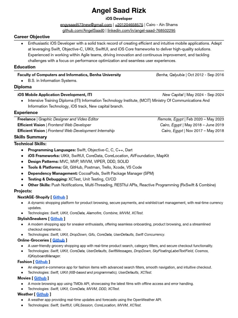 Copy of Angel Saad Rizk - iOS Developer CV | PDF | Swift (Programming Language) | Ios