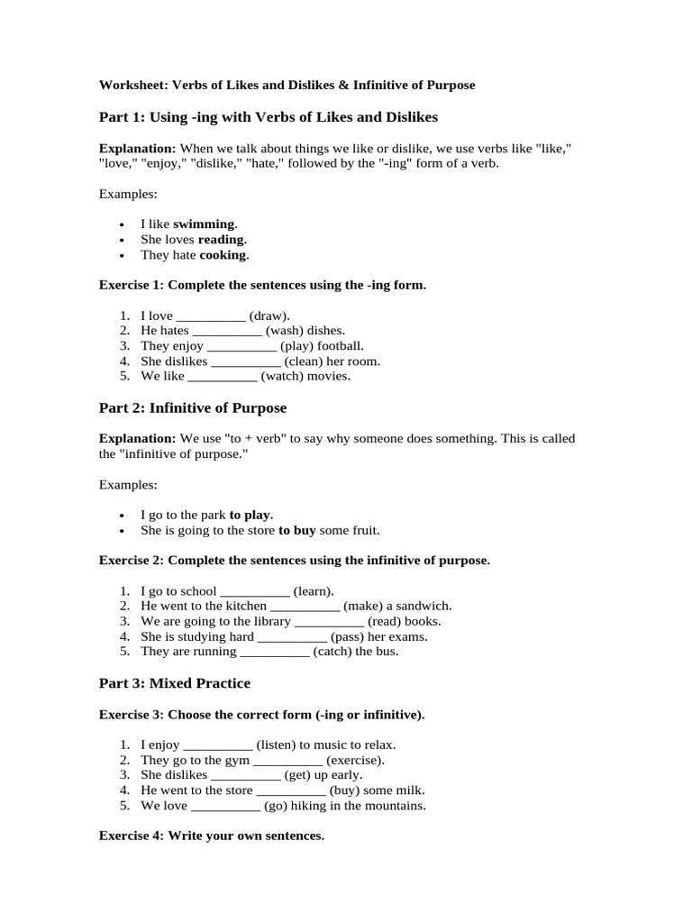 Infinitive of Purpose Worksheet | PDF