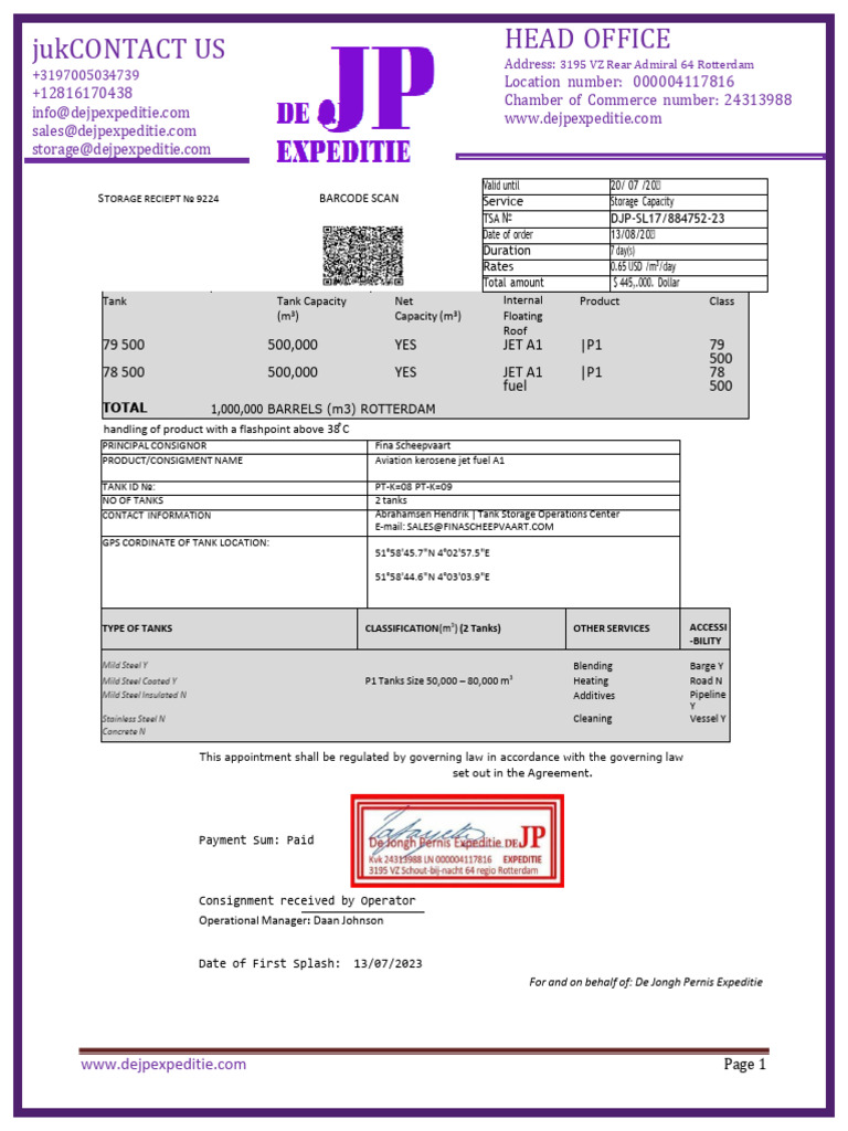 DE JP EXPET TANK STORAGE RECEIPT JET FUEL A1 ROTTERDAM | PDF | Jet Fuel