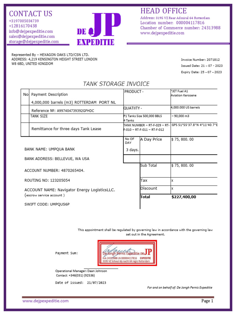 De JP Expet Tank Storage Invoice Rotterdam Office | PDF | Hydrocarbons ...