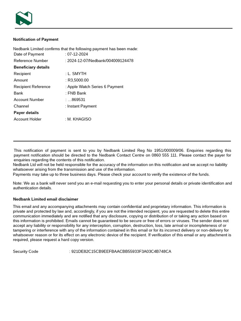 NEDBANK Notice of Payment | PDF