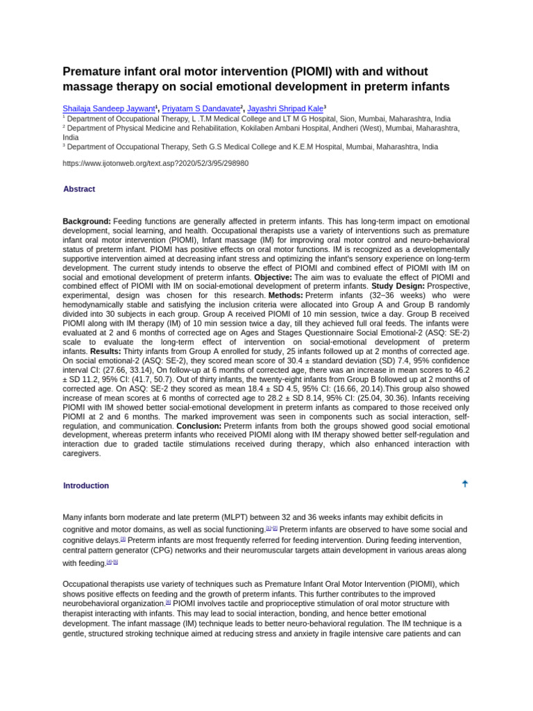 Premature Infant Oral Motor Intervention Jurnal India | PDF | Preterm ...