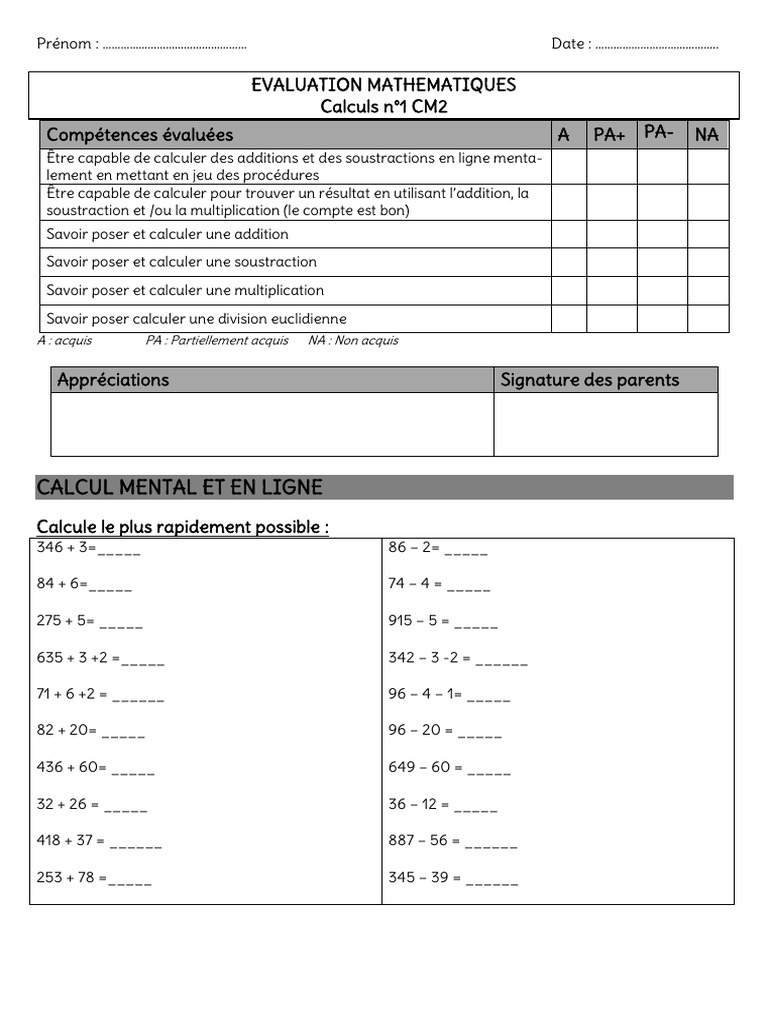 Évaluation Maths CM2 : Calculs et Opérations | PDF