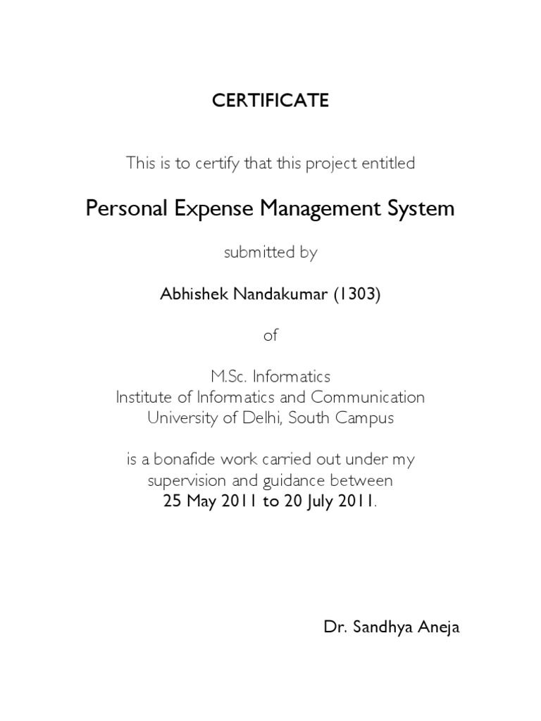 Personal Expense Management System Certificate | PDF