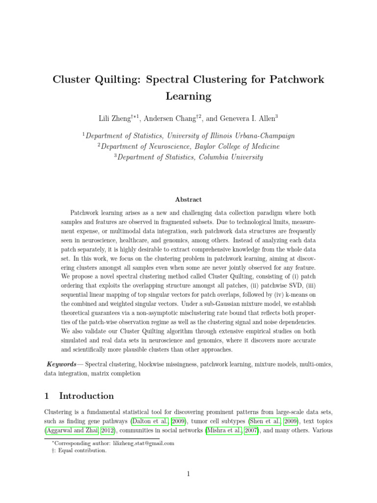 Cluster Quilting Spectral Clustering For Patchwork Learning | PDF | Cluster Analysis ...