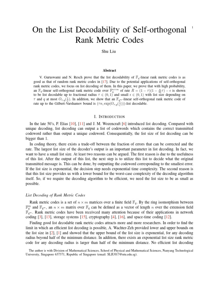 On The List Decodability of Self-Orthogonal Rank Metric Codes | PDF ...