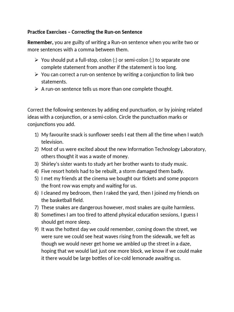 Practice Exercises - Correcting Run-On Sentences | PDF