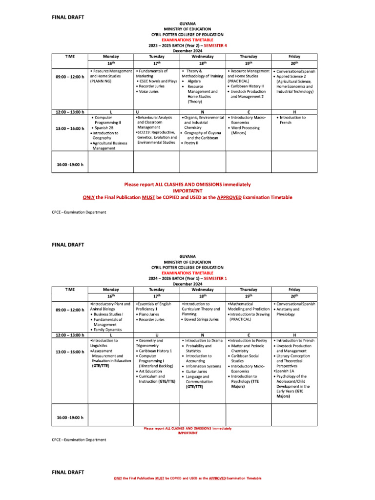 Examination Timetable Sem 1 and 4 Dec 2024 Final Draft-1 | PDF