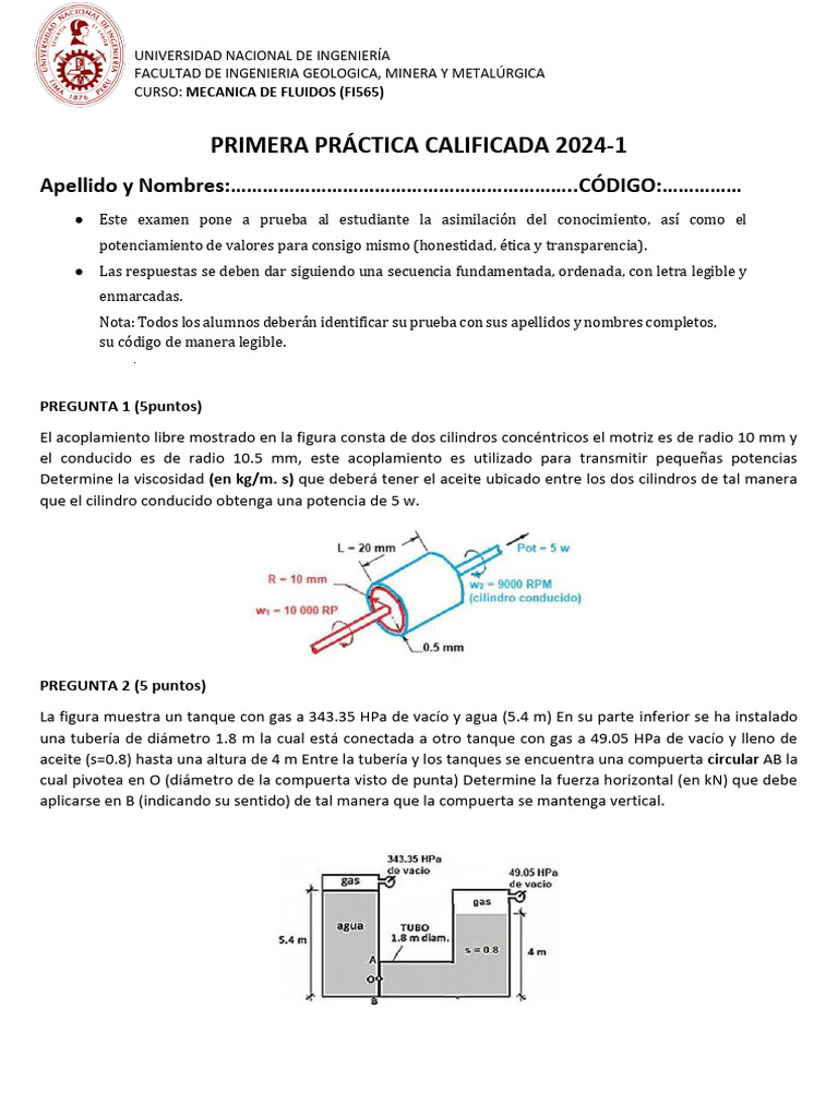 Primera Practica Calificada 2024-1 | PDF | Presión | Vacío