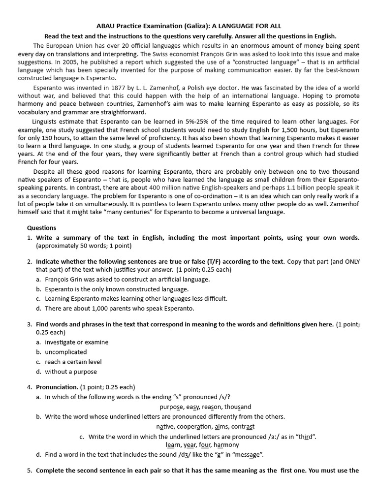 Exam ABAU A Language For All QUESTIONS | PDF | Linguistics | Human ...