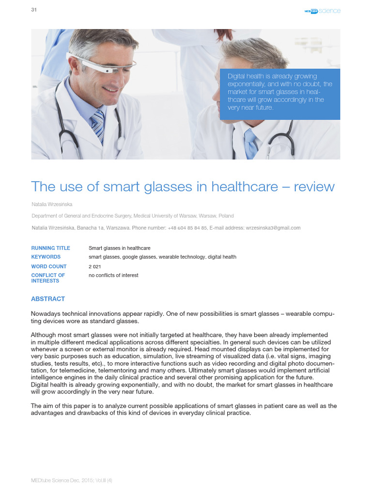 Smart Glasses in Healthcare Applications | PDF | Wearable Technology ...