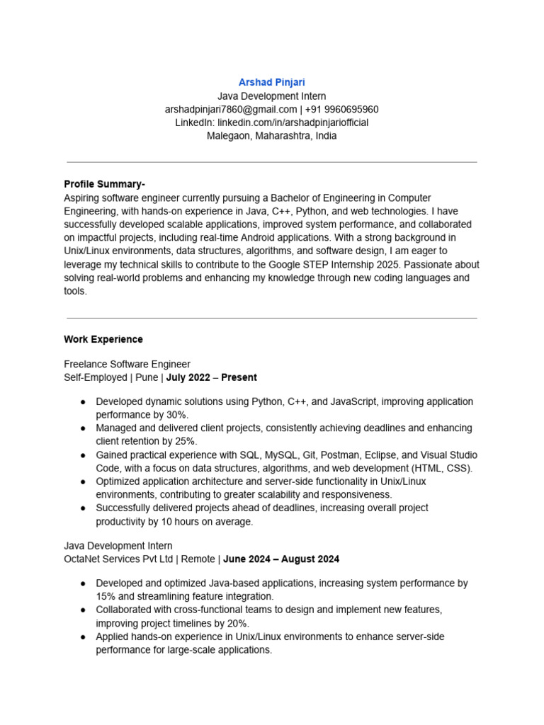 Resume-Arshad Pinjari Project Management Apprenticeship | PDF | Java (Programming Language ...