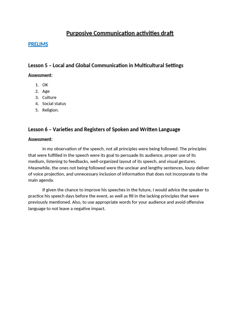 Purposive Communication Activities Draft | PDF