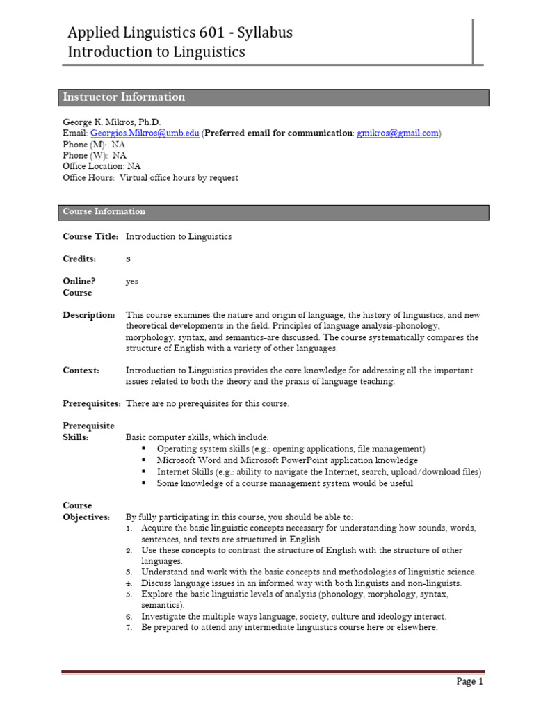 Introduction to Linguistics Syllabus | PDF | Syntax | Linguistics
