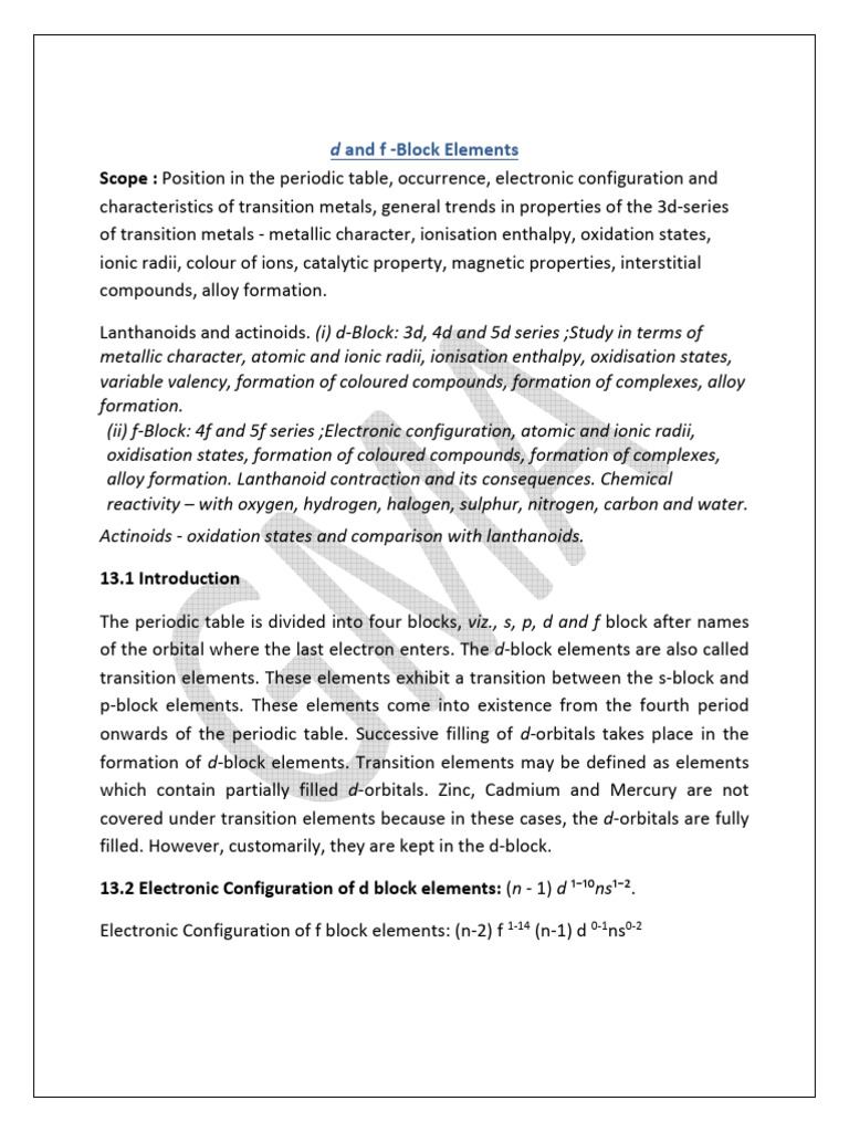 D and F Block Elements - Notes 2024-25 | PDF | Transition Metals ...