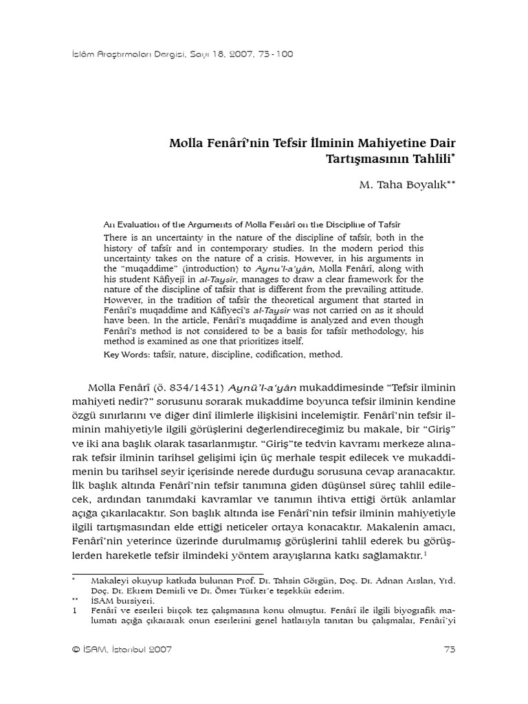Molla Fenârî'nin Tefsir İlminin Mahiyetine Dair Tartışmasının Tahlili | PDF