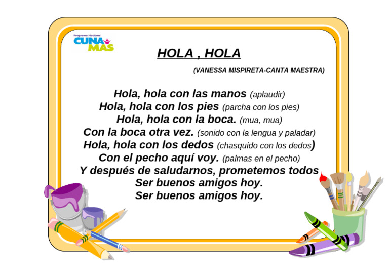 Material Grafico - Cancion Hola Hola-Vanessa Mispireta-Canta Maestra | PDF