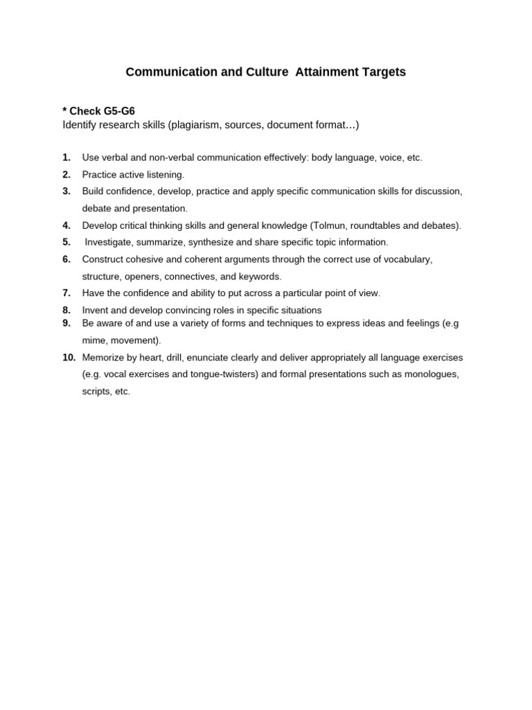 Communication and Culture - Attainment Targets 24.25 | PDF