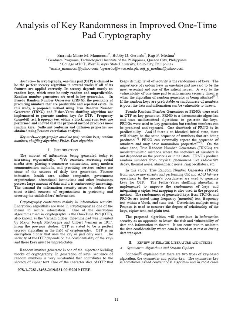 Analysis of Key Randomness in Improved One-Time Pad Cryptography | PDF | Key (Cryptography ...
