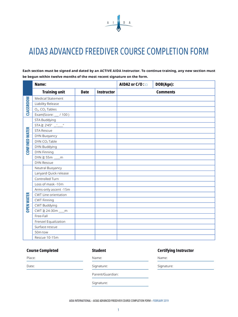 AIDA3 ADVANCED Freediver Course Completion Form | PDF