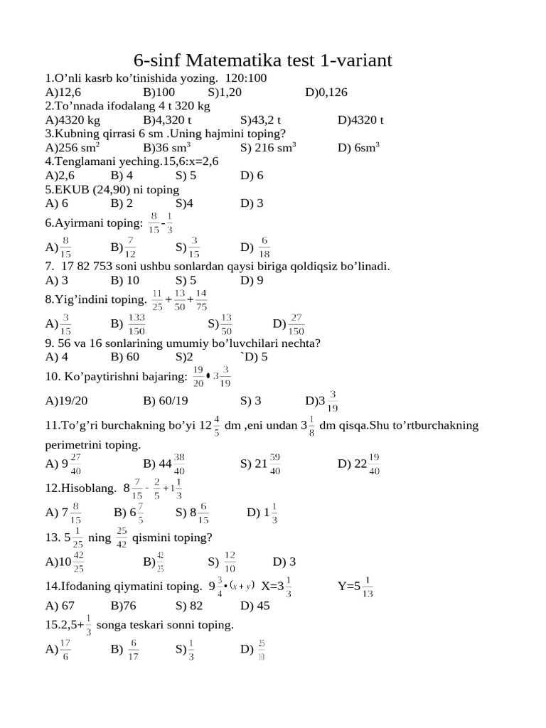 6-sinf Matematika Test Variantlari | PDF