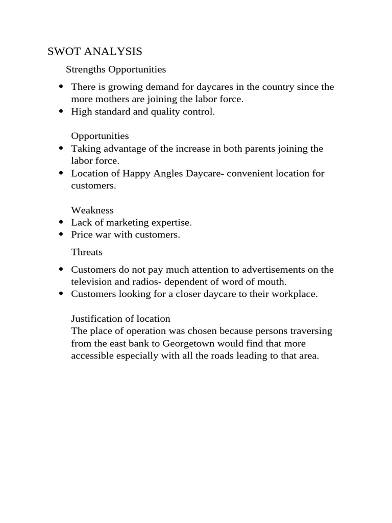 Happy Angles Daycare SWOT Analysis | PDF