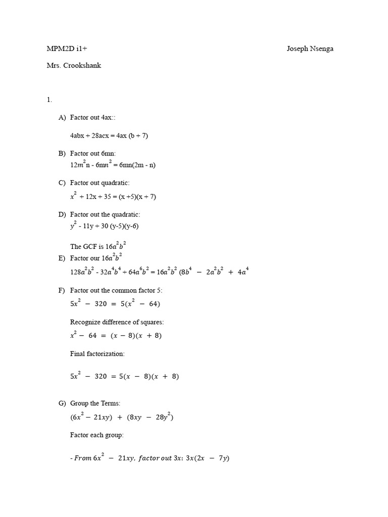 Algebraic Skills unit assignment - Joseph Nsenga | PDF | Multiplication | Mathematics