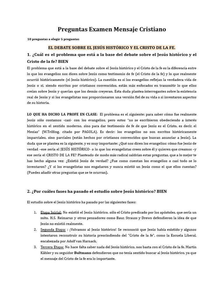 Corrección Preguntas Examen Mensaje Cristiano PDF | PDF | Jesús | La ...