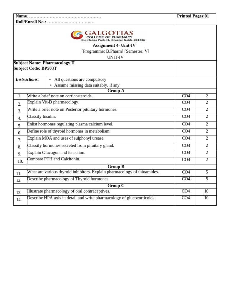 Pharmacology II Assignment Overview | PDF