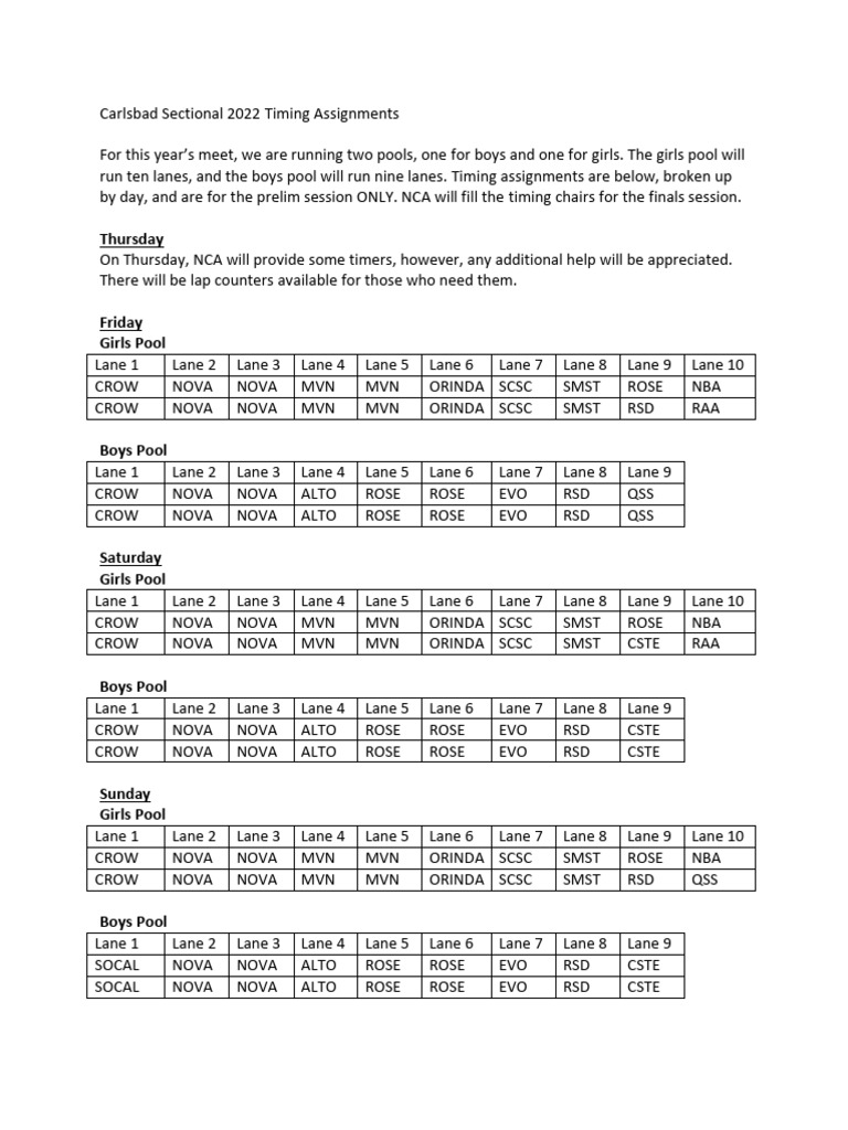 Carlsbad Sectional 2022 Timing Assignments | PDF