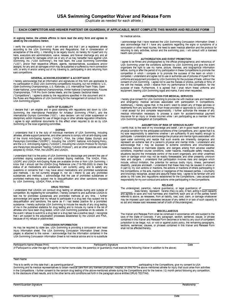 USA Swimming Competitor Waiver and Release Form 2022 (1) | PDF | Doping ...