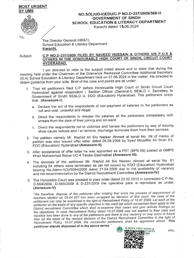 Letter To DG (HRT) SELD in CP No D-237-2009 Filed by Naveed Hussain and ...
