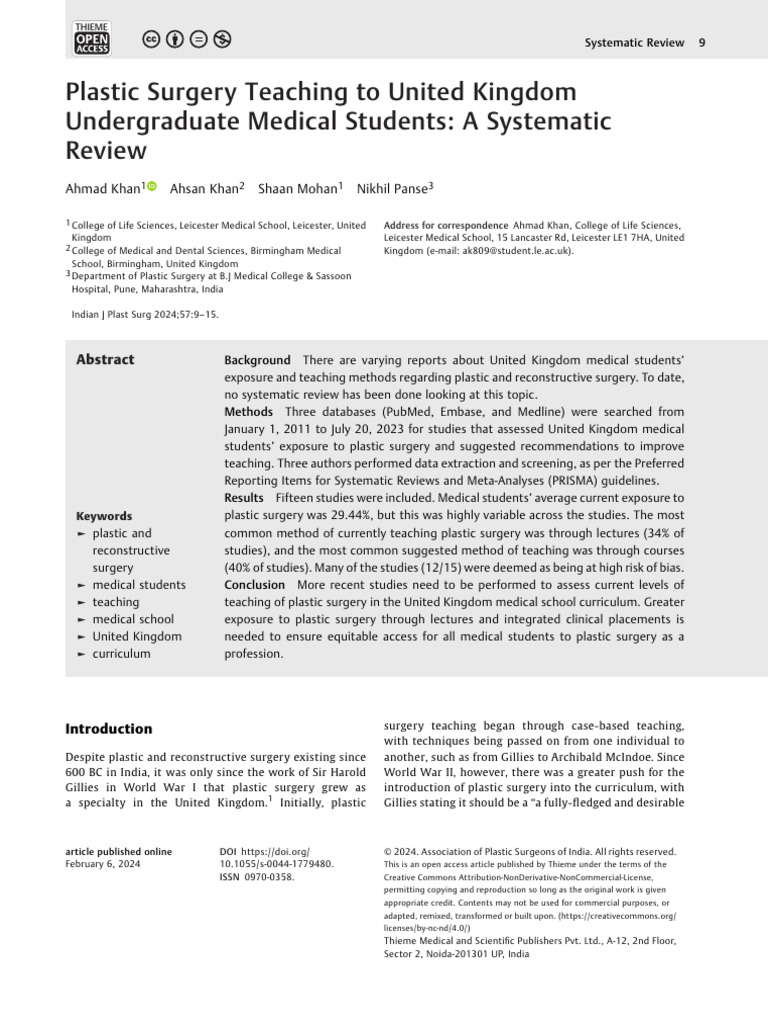 Plastic Surgery Teaching To United Kingdom Undergraduate Medical ...