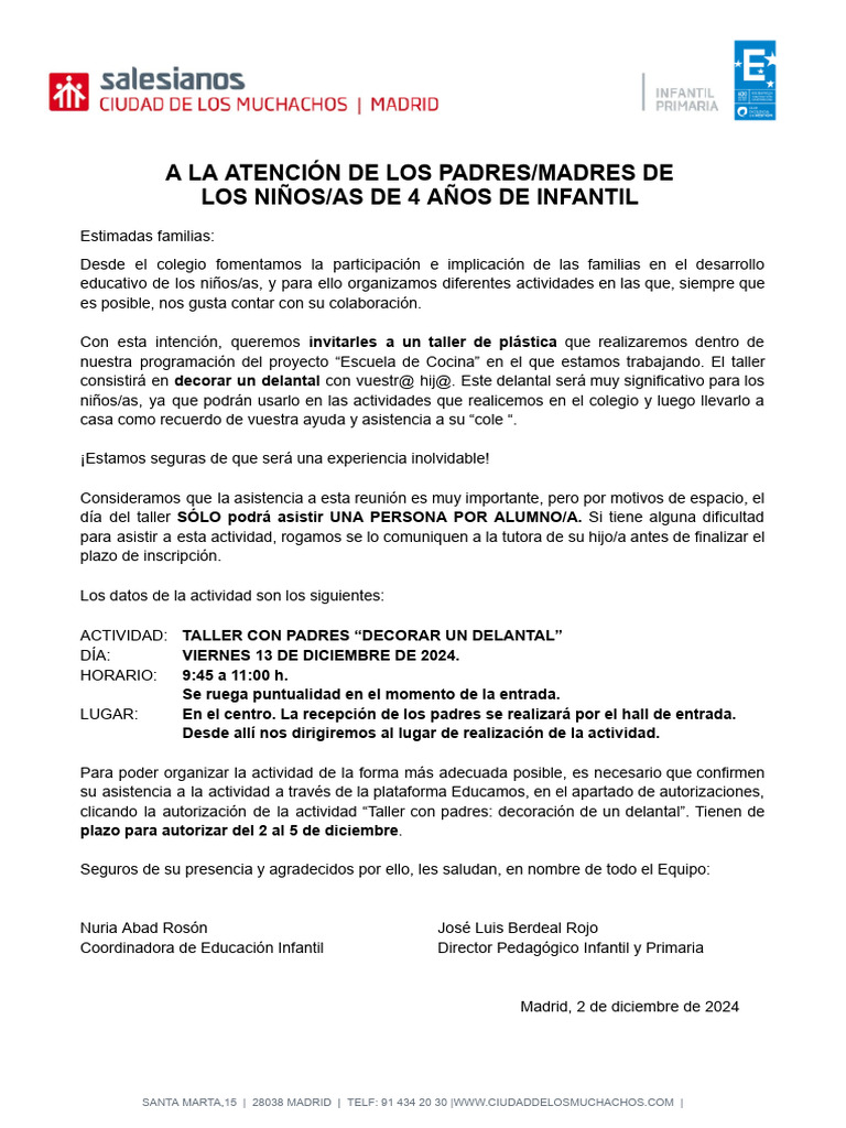 INF 4 Años. Taller Con Padres. | PDF