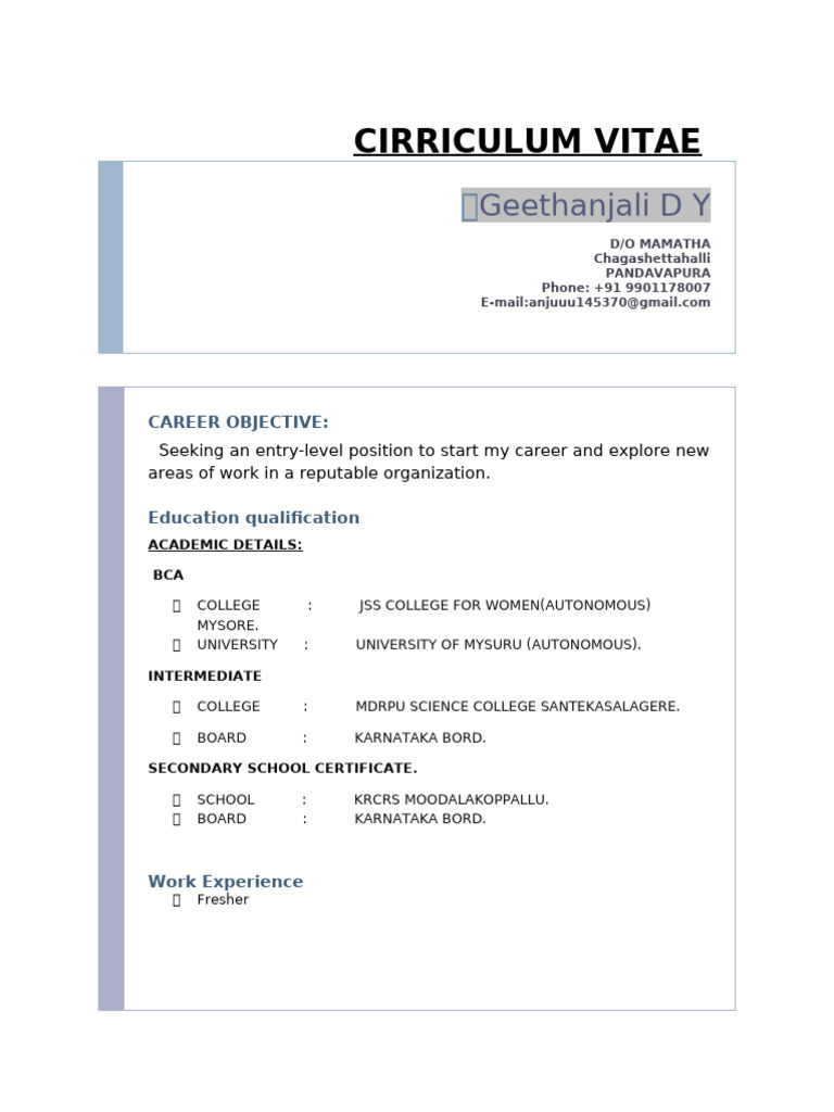 Cirriculum Vitae: Geethanjali D Y | PDF