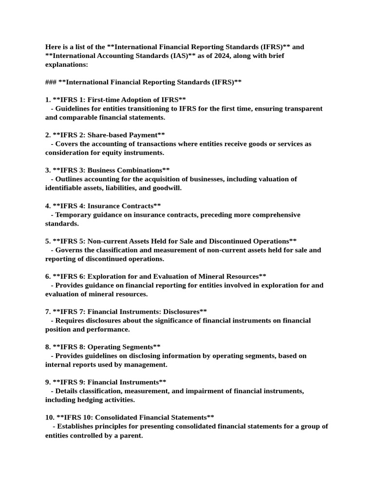 List All The International Financial Reporting Standards (IFRS) and ...