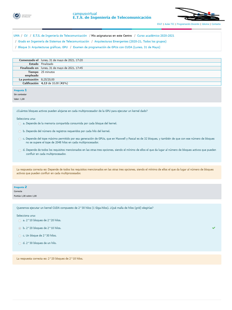 Examen de Programación de GPUs Con CUDA (Lunes, 31 de Mayo) - Revisión Del Intento | PDF | Hilo ...