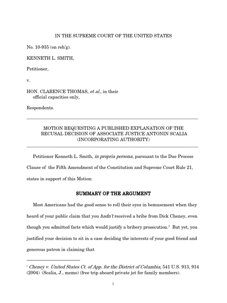 Scalia Recusal Motion 040611 | PDF | Article Three Of The United States ...